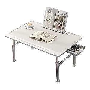 GEIRONV Movable Computer Desk, Bedroom Reading Learning Small Table with Drawers and Bookshelf Adjustable Multifunctional Folding Table (Color : White, Size : 60x40CM)