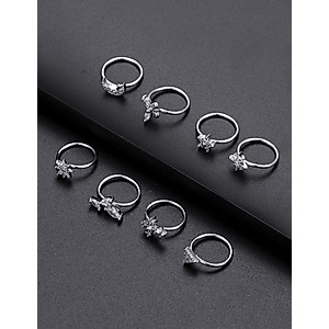 Tornito 8Pcs Nose Ring Hoop Paved Flower Butterfly Star Triangle Moon CZ Cartilage Earrings Nose Piercing Jewelry for Women Men Silver Rose Gold Tone 20G