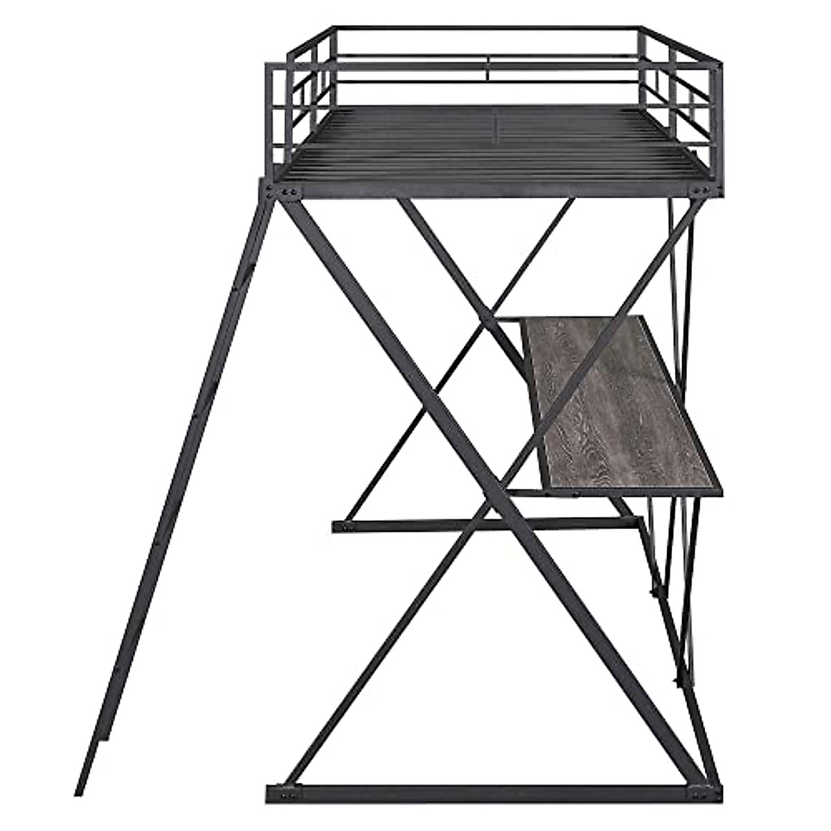 ATY Metal Loft Bed with Wood Desk and Ladder, X-Shaped Twin Size Bedframe w/Full-Length Guardrails, for Kids Teens Adults, Bedroom Furniture, Black