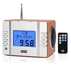 August MB300 Mini Wooden MP3 Stereo System and FM Clock Radio, with Card Reader, USB Port & AUX Jack (3.5mm Audio In), 2 x 3W Powerful Hi-Fi Speakers and Built-in Rechargeable Battery