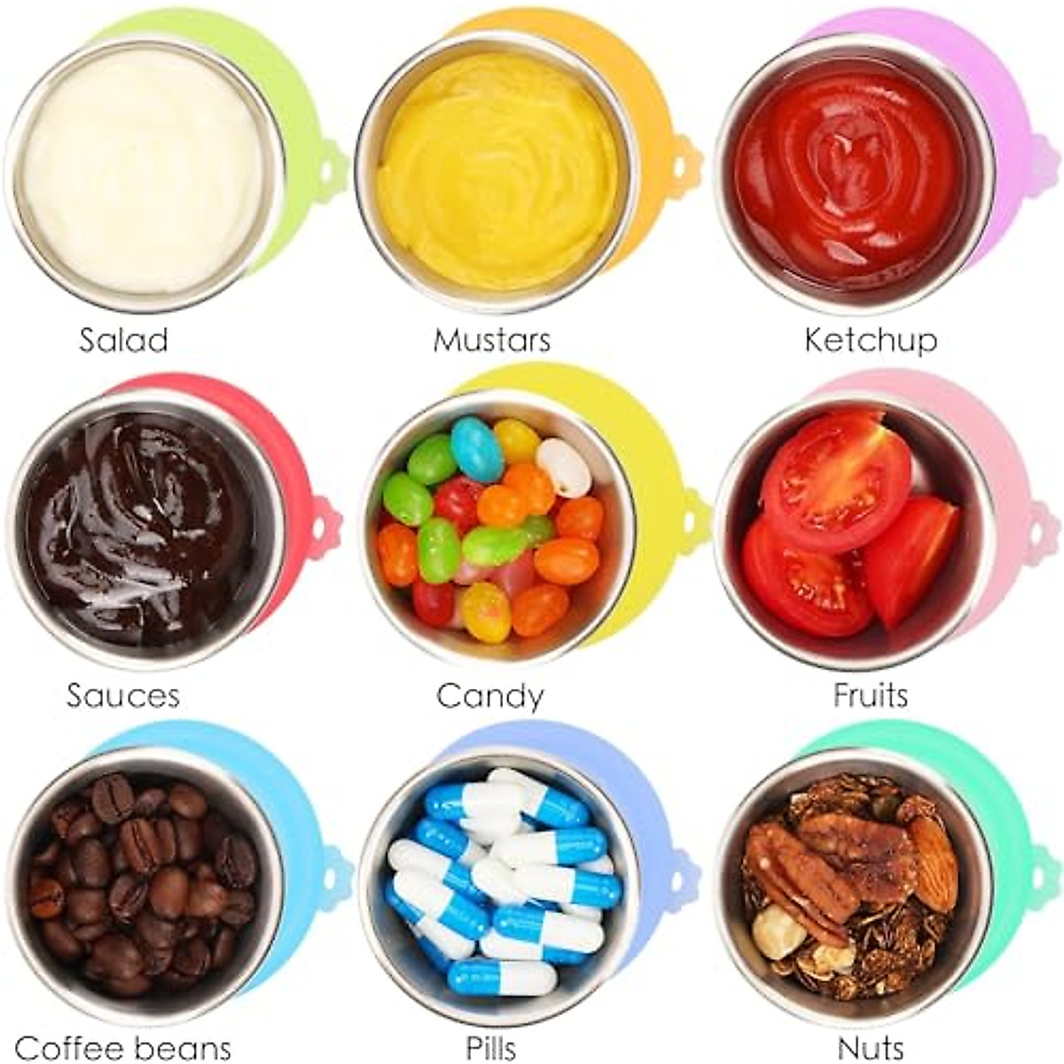 Moretoes 9pcs Salad Dressing Container To Go, Sauce Cups, 1.6oz Mini Condiment Containers with Lids for Bento Boxes and On-the-Go Meals（Rainbow - Colored