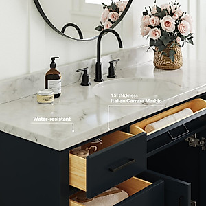 ARIEL Bathroom Vanity 61" Midnight Blue, 1.5" Edge Italian Carrara Marble Countertop & Splash, Oval Sink, 2 Soft Closing Doors, 9 Full Extension Dovetail Drawers, Toe Kick, Matte Black
