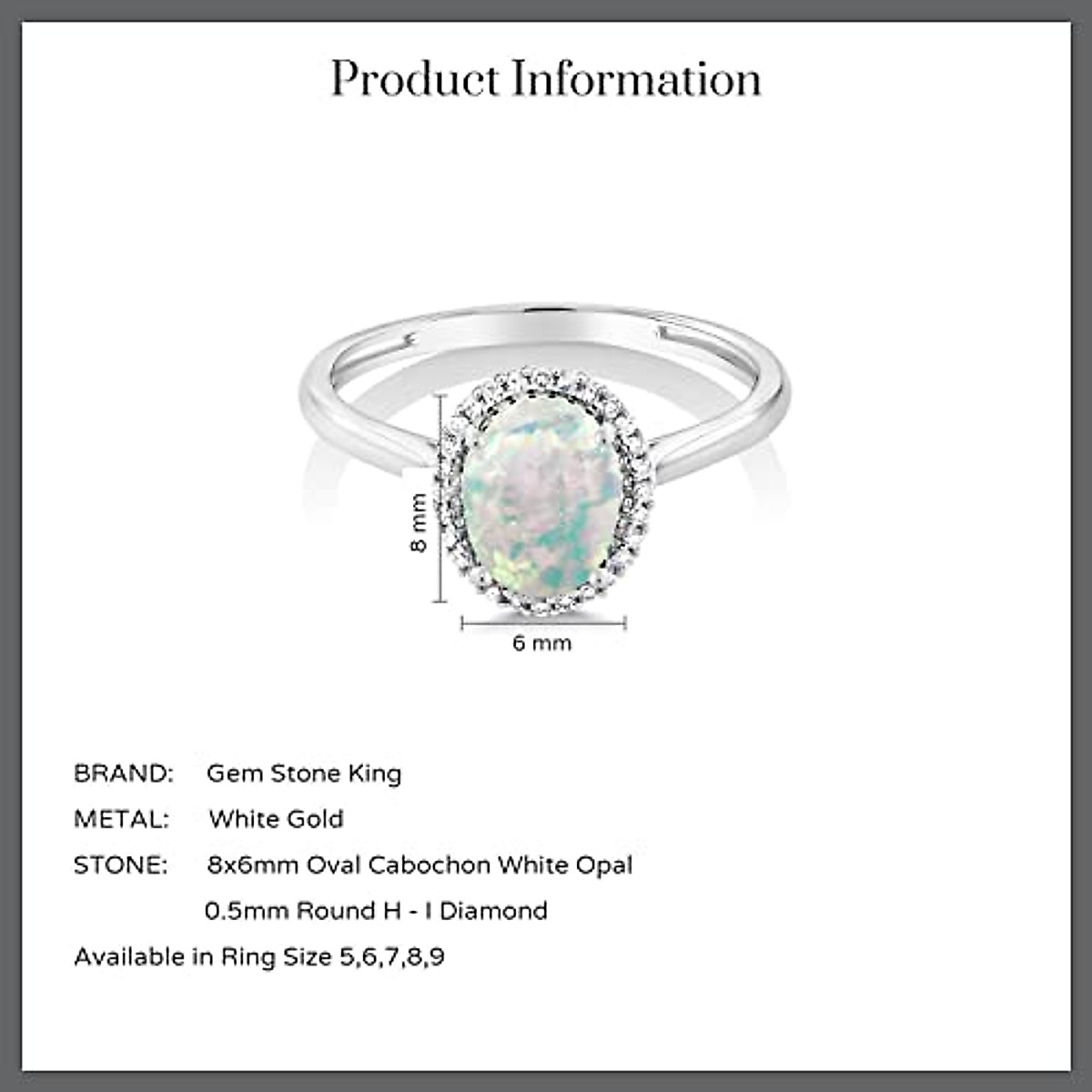 Gem Stone King 10K White Gold 8X6MM Oval Gemstone Birthstone & White Diamond Halo Engagement Ring | Wedding Anniversary Promise White Gold Ring For Women | Size 5,6,7,8,9