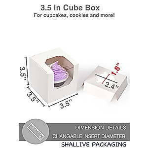 Shallive 100 Pcs Individual Cupcake Box White with Insert, 3.5" Treat Boxes with Window Bulk for Hot Cocoa Bombs and Cookies, Pre-Assembled for Easter Wedding Birthday Baby Shower Party