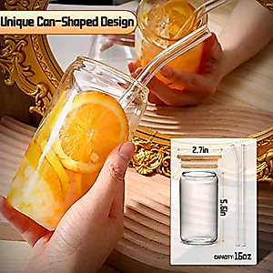 DWTS DANWEITESI Glass Cups with Lids and Straws 4pcs Set 16oz Iced Coffee Cups,Glass Coffee Cups with Lids and Straw,Beer Can Glass with Lids and Straw