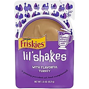 Purina Friskies Wet Pureed Cat Food Topper, Lil' Shakes With Flavorful Turkey Lickable Cat Treats - (Pack of 16) 1.55 oz. Pouches