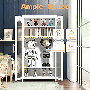 4-Tier Glass Cabinet, Metal Kitchen Pantry Cabinet with Tempered Glass Doors, Modern Accent Cabinet with Doors, Kitchen Cabinet with Adjustable Feet & Shelves, Bar Cabinet, White Pantry （White）