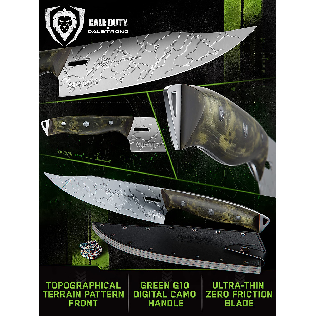 Dalstrong Chef Knife - 8 inch - Call of Duty Edition - Exclusive Collector Set - High-Carbon 9CR18MOV Steel - G10 Digital Camo Handle - Ultra-Thin Zero Friction Blade - Chef's Knife - Leather Sheath