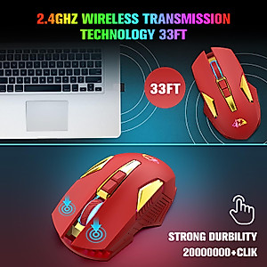 FELICON Wireless Gaming Mouse Rechargeable with Rainbow RGB Backlit,Optical Sensor 3 Level DPI,Ergonomic Gamer Laptop High Performance PC Mice with 8 Buttons for Windows 7/8/10/XP Vista（Red）