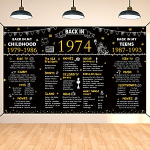 DARUNAXY 50th Birthday Black Gold Party Decoration, Back in 1974 Banner Cheers to 50 Years Old Birthday Party Poster Supplies, 6 * 3.6FT Vintage 1974 Backdrop Photography Background for Men and Women