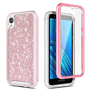NZND Case for Motorola Moto E6 with Built-in Screen Protector, Full-Body Protection Bumper Shockproof Protective, Impact Resist Durable Cute Phone Case Cover -Glitter Shiny Bling Rose Gold