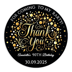 Personalized Customized Labels Tags,Customizable Stickers Thank You for Coming Gold Confetti Birthday Black Classic Round Sticker for Business Custom Made Stickers, 100 Stickers2X2"