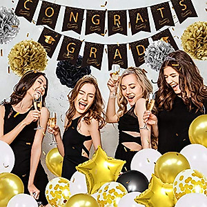 2022 Graduation Decorations, Graduation Decor Black and Gold, Graduation Banner, Hanging Swirls, Paper Pom Poms Flowers, Photo Backdrop, Graduation Party Supplies 2022