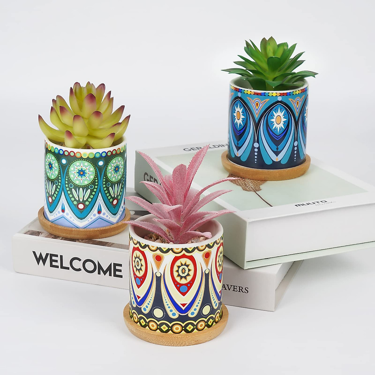 Hamore 5" Artificial Succulents in Bohemian Ceramic Pots, Set of 3 Ceramic pots & Bamboo Trays with Succulents Plants Artificial, Fake Plants for Desk Office Bathroom Bedroom Living Room