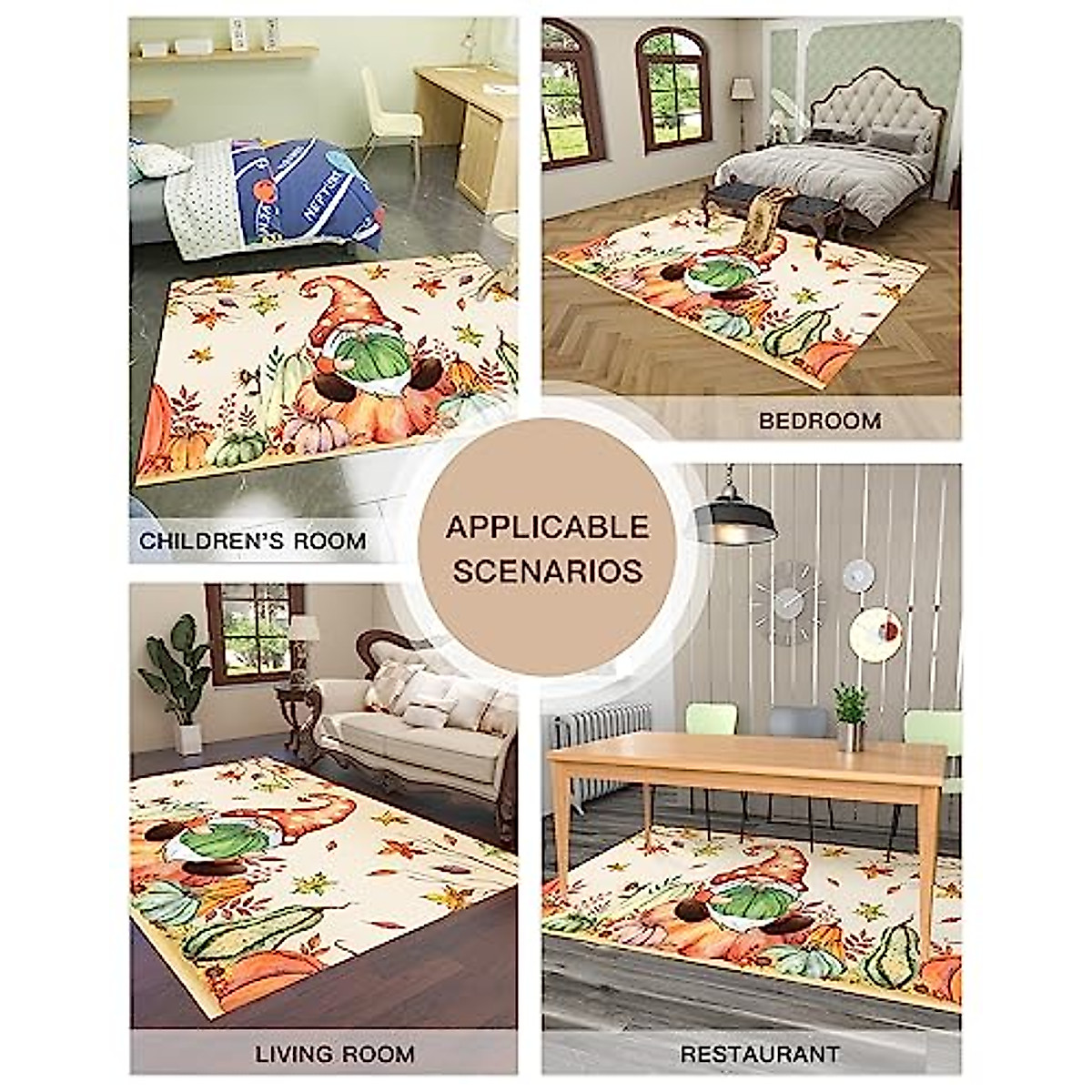 Boho Gnome Pumpkin Large Rectangular Area Rugs 5' x 8' Living Room, Durable Non Slip Rug Carpet Floor Mat for Bedroom Bedside Outdoor Thanksgiving Fall Harvest Autumn Leaf