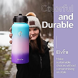 Elvira 32oz Vacuum Insulated Stainless Steel Water Bottle with Straw & Spout Lids, Double Wall Sweat-proof BPA Free to Keep Beverages Cold For 24Hrs or Hot For 12Hrs-Green/Pink/Purple Gradient