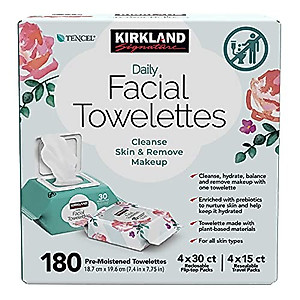 Kirkland Daily Facial Towelettes, 180 CT | 180 Pre-Moistened Towelettes | Hypoallergenic | Alcohol-Free | 4 x 30ct Reclosable Flip-top Packs | 4 x 15ct Resealable Travel Packs