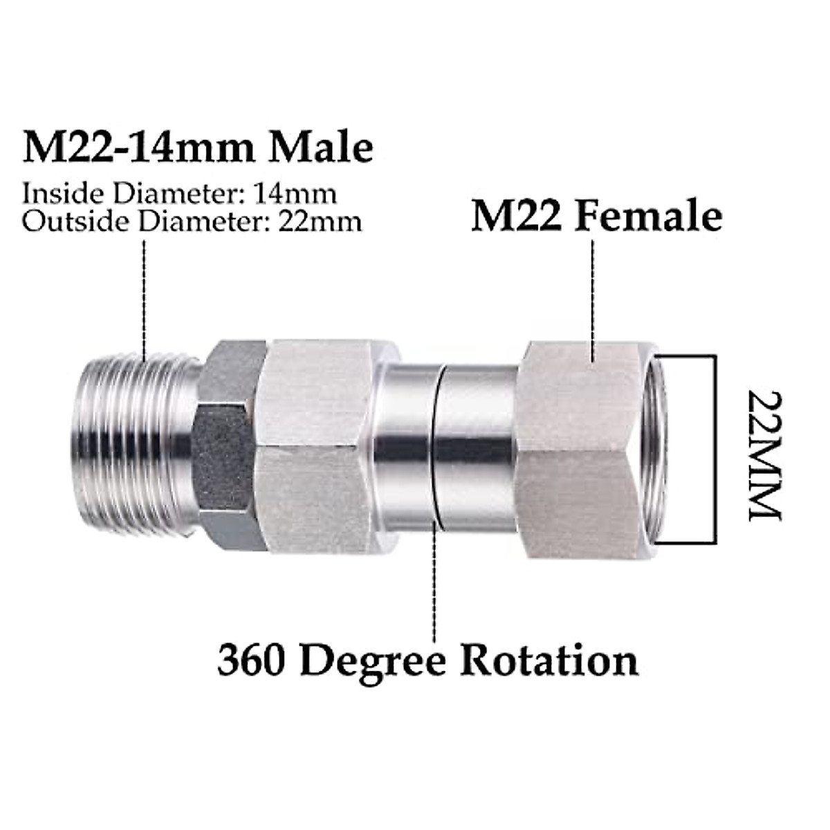PWACCS Pressure Washer Swivel, M22 14mm Swivel Joint, Stainless Steel, 5000 PSI