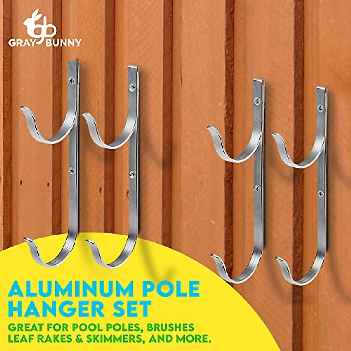 Gray Bunny Pool Pole Hanger, 4 Piece Nickel Gray Premium Aluminum Swimming Pool Accessories Hook Set, for Telescopic Poles, Skimmers, Leaf Rakes, Nets, Brushes, Vacuum Hose, Garden Tools