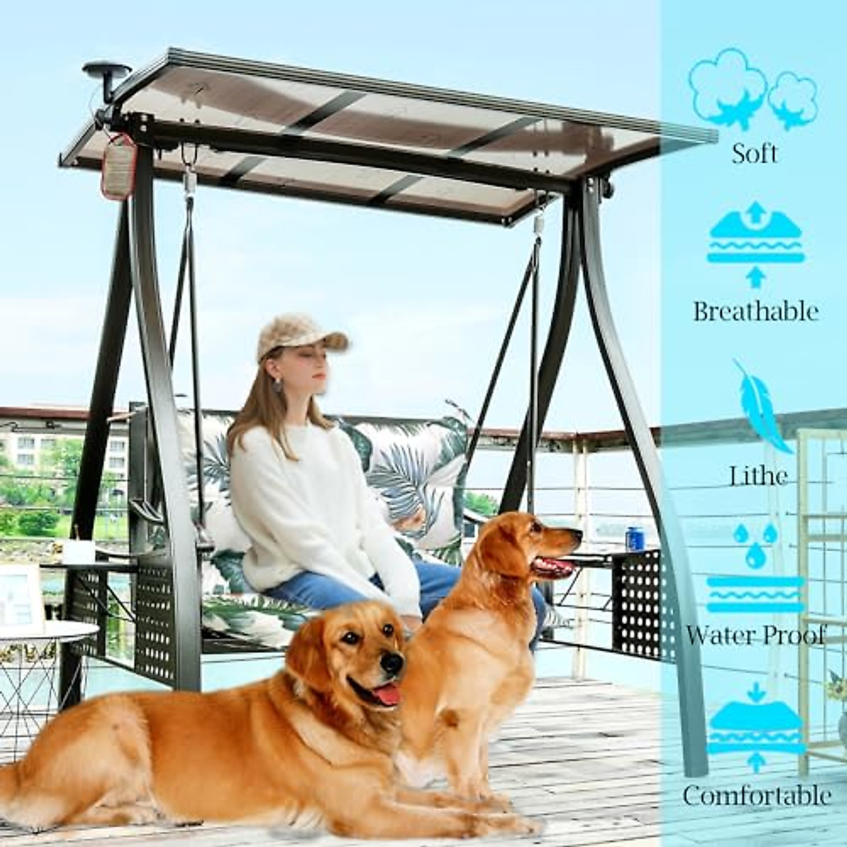 Boaisdus Swing Cushions 3 Seater Replacement Waterproof Porch Swing Cushions with Backrest and 8 Ties Thicken 4" Bench Cushion Replacement Patio Swing Cushion for Outdoor Furniture(60x40in)