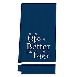 QIYUHOY Life is Better at The Lake Navy Blue Kitchen Towels Tea Towels,16X24 Inches Cotton Modern Dish Towels Dishcloths,Dish Cloth Flour Sack Hand Towel for Lake House Kitchen Decor,Lake Lover Gifts