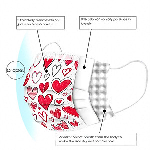 Wtosuhe 50PC Adults Valentines Day Disposable FaceMasks with Pink Black Love Heart Designs, 3-Ply Holiday_ Mask with Nose Wire for Women Men