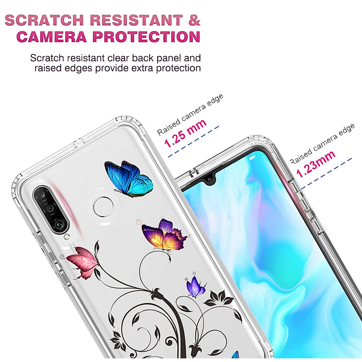Vavies Phone Case for Huawei P30 Lite/Nova 4E, Butterfly Tree Floral Design, Clear TPU, Full Body Protection, Tempered Glass Screen Protector, Compatible with MAR-LX3A Models