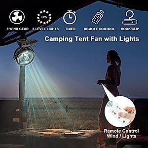 Portable Fan with Remote Control & Timer & LED Lights, 60hrs 12000mAh USB Rechargeable Battery Fan Could Clamp/Hanging/Stand Up, Small Clip on Fan for Baby Stroller, Bed, Desk, Camping Tent, Trave