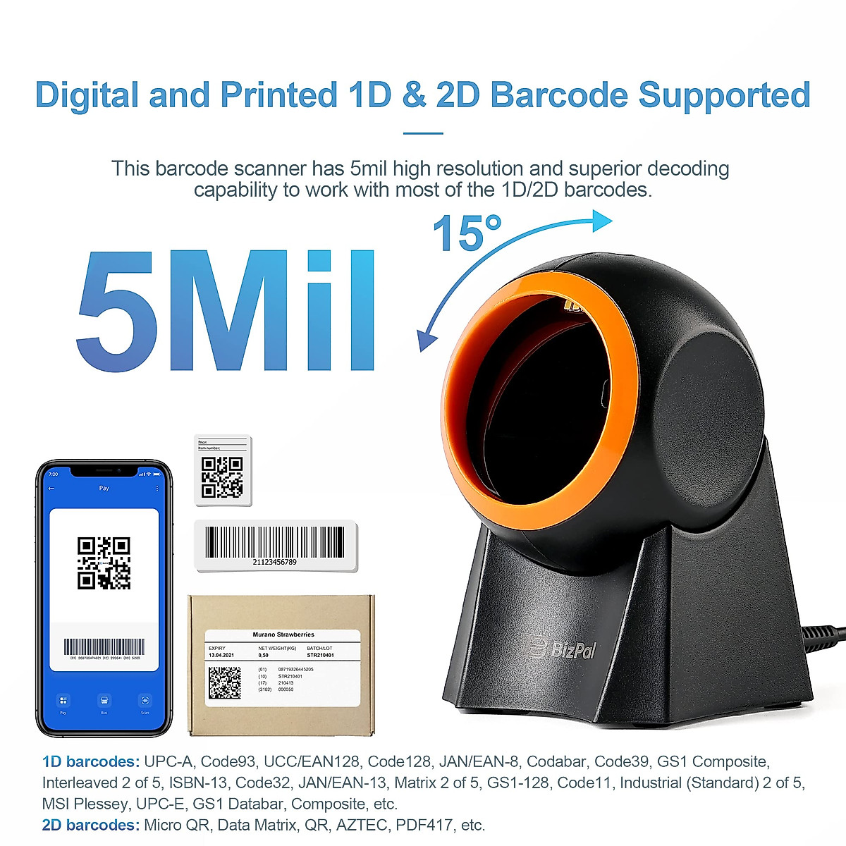 BizPal Hands-Free Desktop 1D & 2D Barcode Scanner, Omnidirectional Automatic USB Barcode Reader, Adjustable Screen Scanning, Plug and Play, Suitable for Supermarket, Restaurant, Retailers, BSC-4000