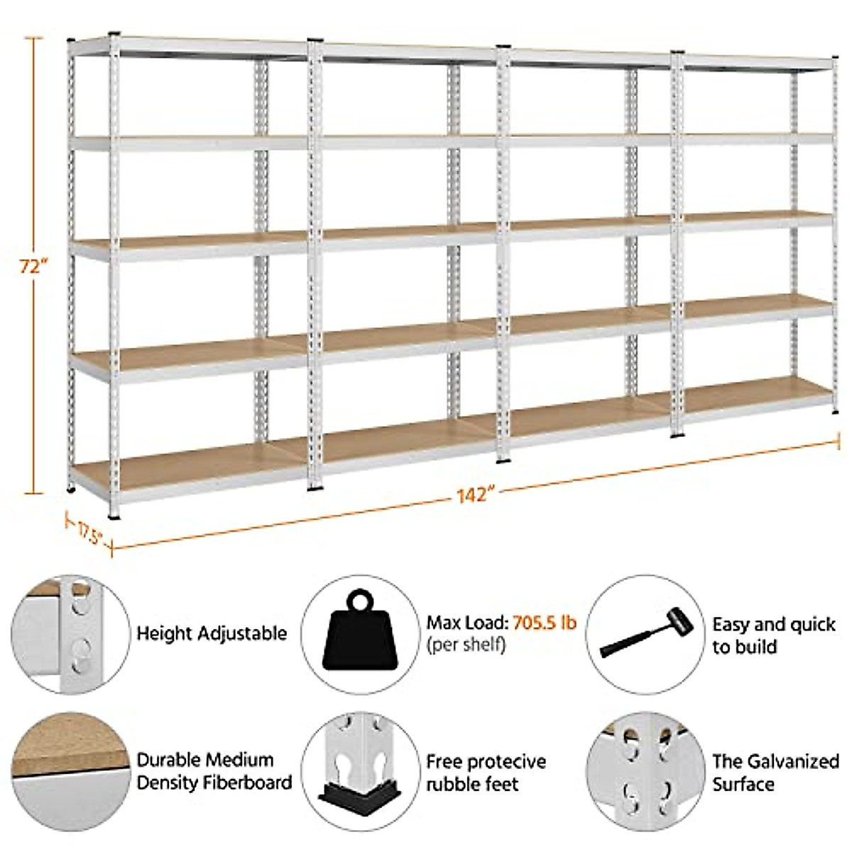 Topeakmart 4PCS 5-Tier Utility Shelves, Metal Storage Shelves Garage Shelving Unit Adjustable Garage Storage Shelves Storage Racks Heavy Duty Shed Shelving- Silver, 35.5 x 17.5 x 72 Inch
