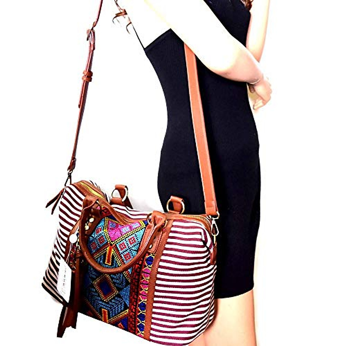 Boho Tassel Leaf Charm Aztec & Stripe Print Canvas Satchel Tote Handbag Purse (Embroidered Satchel - Black)