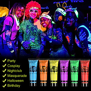 GARYOB Glow in Dark Face Body Paint UV Blacklight Neon Fluorescent 0.34oz Set of 6 Tubes