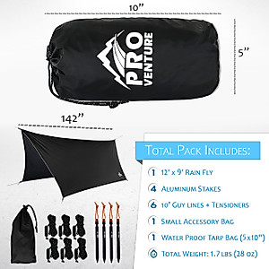 Pro Venture Waterproof Hammock Rain Fly [12ft x 9ft] - Portable Large Camping Tarp - Premium Lightweight Ripstop Nylon Cover - Fast Set Up + Accessories - A Camping Gear Essential! 12x9 ft HEX Shape