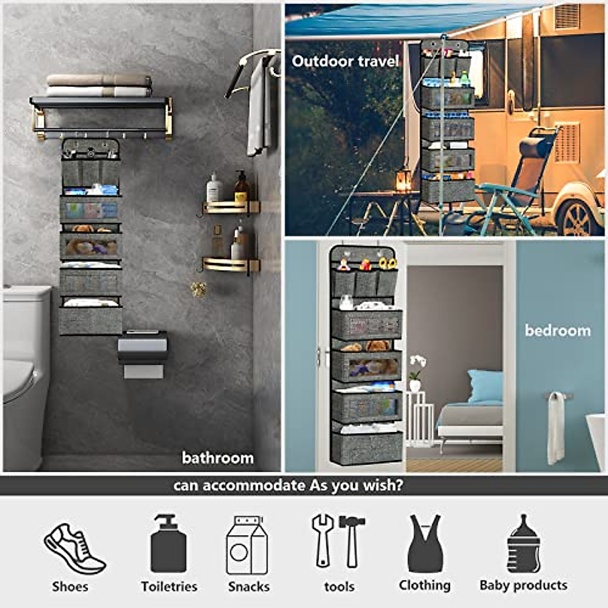 VERONLY Door Hanging Organizer, Nursery Over the Door Pantry Organizer with 4 Large Pockets and 3 Small Pockets, Wall Mount Behind the Door Storage Organizer for Baby Essentials,Nursery, Diapers,Bathroom, Clothes, Bedroom,Cosmetics, Toys and Sundries(Blac