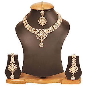 Touchstone Indian Bollywood Contemporary Fabulous Style Definition Rhinestone Designer Jewelry Wedding Necklace Set In Gold Tone For Women.