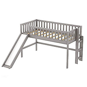 Harper & Bright Designs Twin Size Low Loft Bed with Slide, Wood Low Loft Bed for Kids, Girls, Boys (Gray)