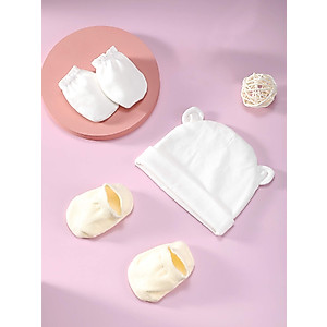 Baby Hats Mittens and Socks Set Including 3 Pieces Cute Newborn Hats Bear Ears Infant Beanies Caps 6 Pieces No Scratch Baby Mittens and 6 Pieces Non-Slip Baby Ankle Socks for Boys and Girls