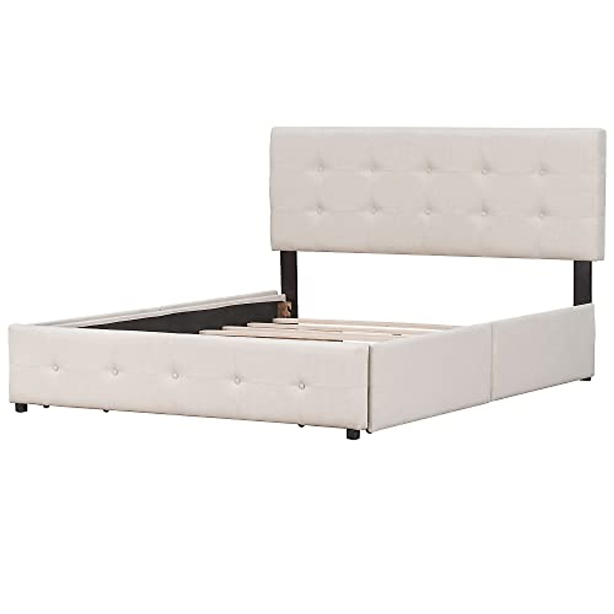 Wooden Queen Bed Frame Upholstered Platform Bed with Classic Headboard and 4 Drawers, No Box Spring Needed, Linen Fabric, Queen Size Beige