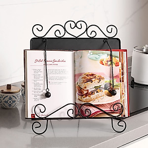 MyGift Black Metal Cookbook Stand for Kitchen Counter, Cookbook Easel Stand with Weighted Page Holder and Vintage Scrollwork Design