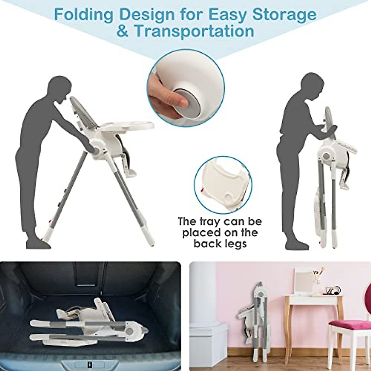 INFANS High Chair for Babies and Toddlers, Foldable Highchair with 7 Different Heights 4 Reclining Backrest Seat 3 Setting Footrest, Removable Tray Built-in Rear Wheels with Locks (Grey)