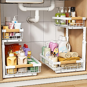 PXRACK 2 Pack Under Sink Organizer,Adjustable Height,2 Tier Pull Out Under Cabinet Organizer,Slide Out Thickened Metal Under Sink Storage for Kitchen Bathroom Laundry Cabinet Pantry,White