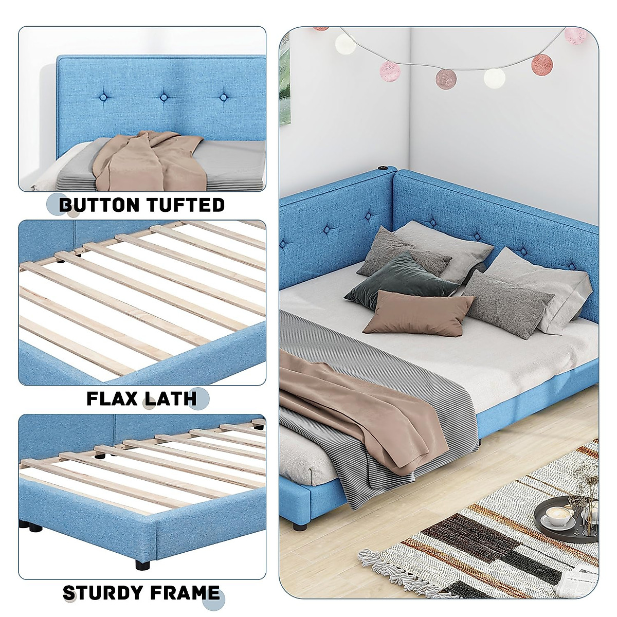 Queen Size Floor Bed Frame Toddler,with Slatted Support & USB Charging Port Platform Bed,Solid Wood Upholstered Sofa Bed for Living Room, Bedroom,Recreation Room,No Box Spring Needed (Queen)