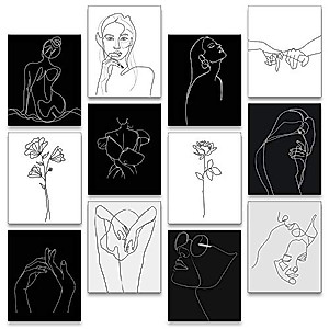 Zonon 12 Pieces Minimalist Line Art Prints Abstract Aesthetic Poster Unframed Woman Minimal Wall Decor 8 x 10 Inch Women and Flower Canvas Line Art Prints Black and White Art Drawing for Home