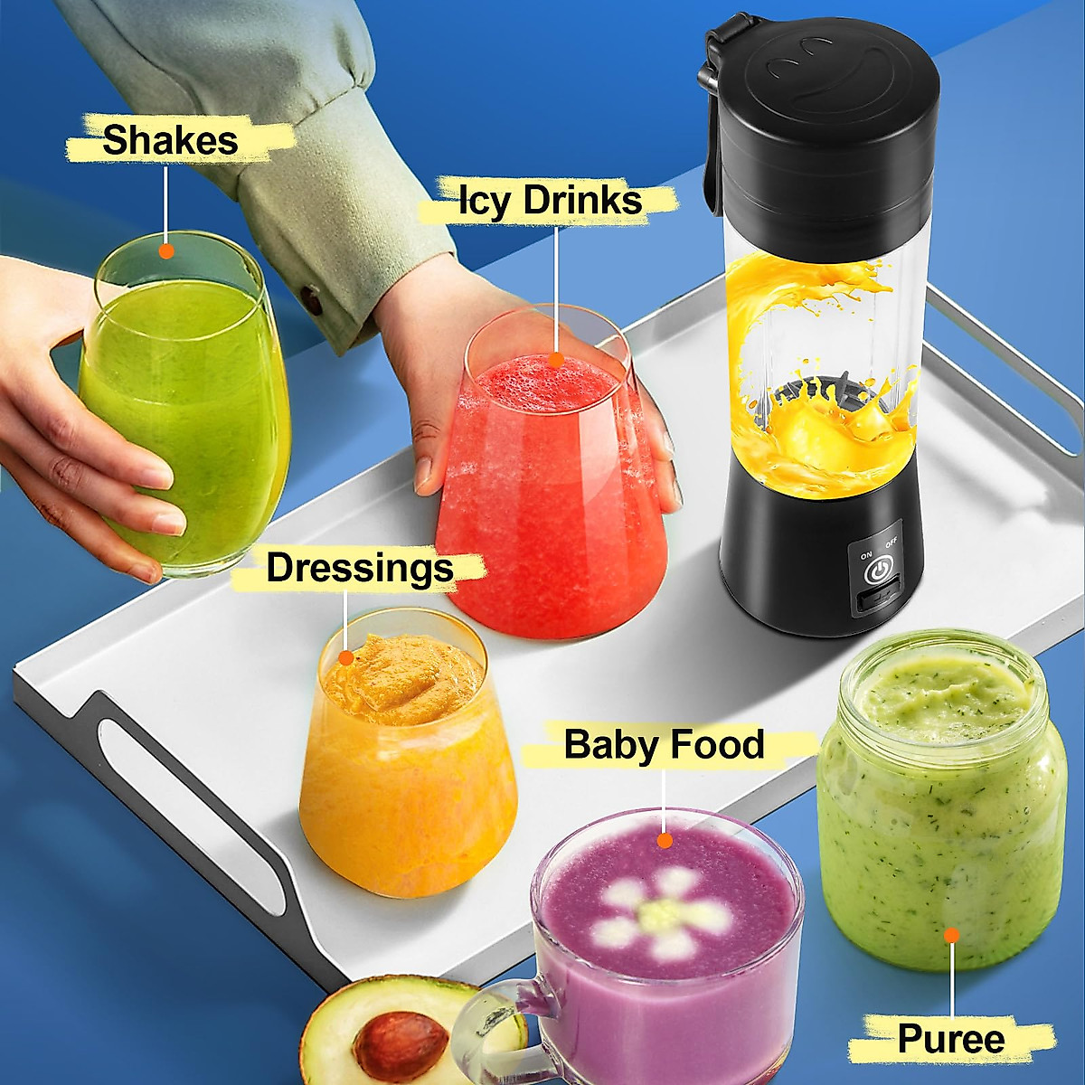 Portable Blender, Personal Size Blender for Shakes and Smoothies with 6 Ultra Sharp Blades, BPA Free,Cordless, Mini Blender Cup with Travel Lid and USB Rechargeable for Office, Gym, Kitchen