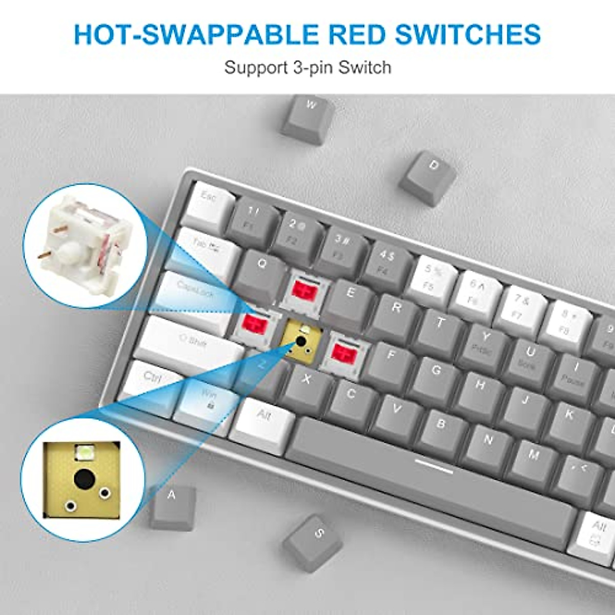 MageGee 60% Mechanical Gaming Keyboard, 68 Keys Hot-Swappable Compact Blue LED Backlit Gaming Keyboard, SKY68 Wired Ergonomic Mini Office Keyboard for Windows PC Gamer (Red Switch, White & Gray)