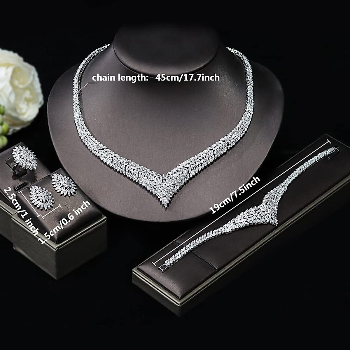 Jorsnovs Dubai Indian Wedding Jewelry for Bride 4pcs Zircon Earrings and Necklace Bracelet Ring Set Formal Jewelry for Women Evening Wear