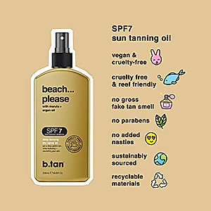 b.tan SPF 7 Deep Tanning Dry Spray | Beach... Please SPF 7 Tanning Oil - Get a Deep Beach Bronze & Golden Tan, Deeply Nourishes Skin from Marula & Argan Oil, Includes a Touch of Self Tan for an Extra Kick, Vegan, Cruelty Free 8 Fl Oz