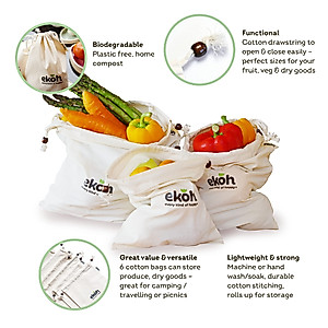 EKOH Organic Cotton Reusable Produce Bags - Set of 6 Drawstring Bags 3 Sizes -Shopping and Storing Fruit, Vegetables, Bread, Herbs, Nuts Fabric Bags - Eco Washable Bag (Organic Cotton Muslin 6 Pack)