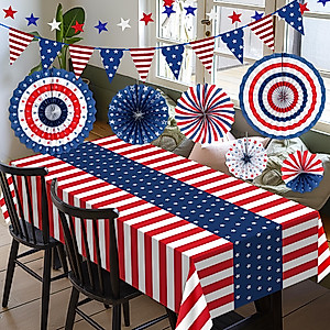 HOOSUN 4th of July Decorations Set, 9 Pcs Red White and Blue Paper Fans Patriotic Decor, USA Pennant Bunting,Star Streamers,Patriotic Tablecloth for Fourth of July Party Supplies, Memorial Day Decor