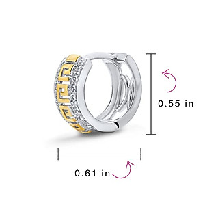 Two Tone Greek Key Cutout Huggie Hoop Earrings For Women For Men Cubic Zirconia CZ 14K Gold Plated .925 Sterling Silver